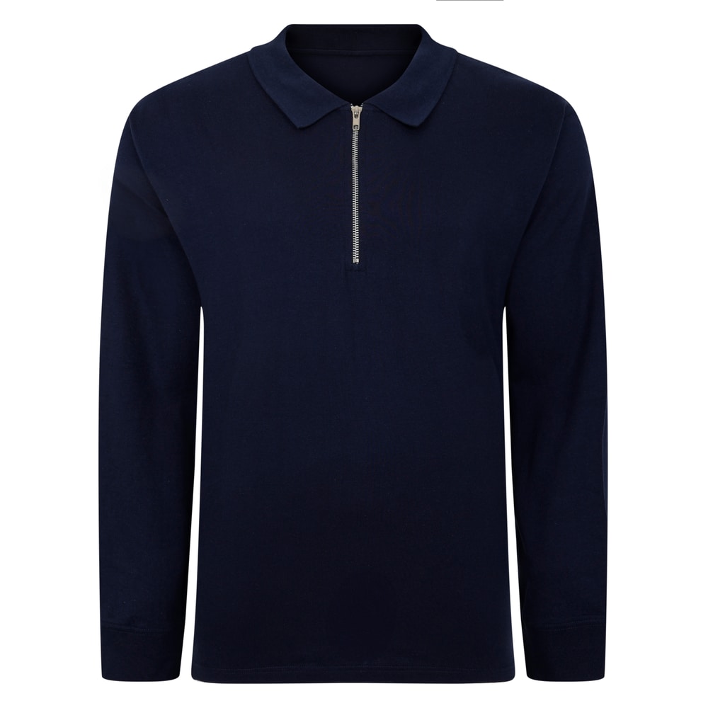 Bigdude Smart Single Jersey Long Sleeve Polo With Zip Navy | BigDude