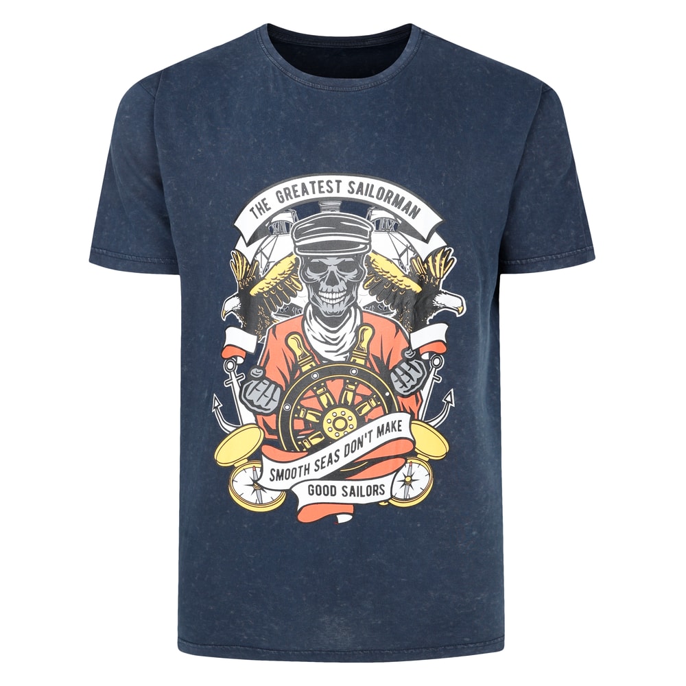 Bigdude Greatest Sailorman Print T-Shirt Acid Wash Navy | BigDude