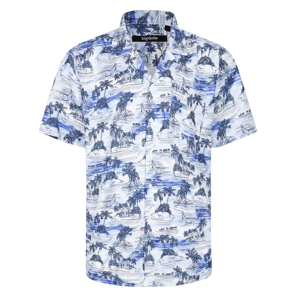 Bigdude Relaxed Collar Palm Trees Short Sleeve Shirt Blue Tall | BigDude