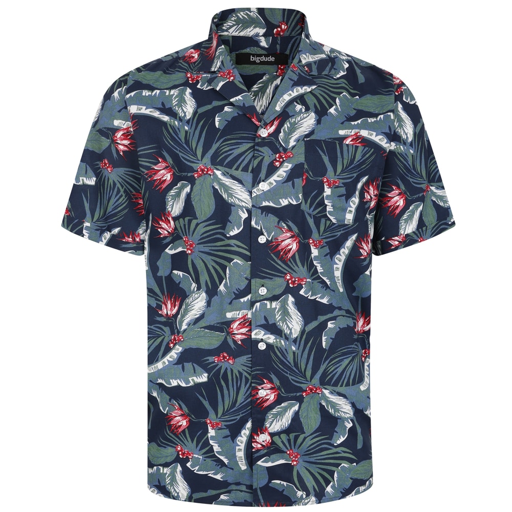 Bigdude Tropical Trees Viscose Relaxed Collar Shirt Blue | BigDude